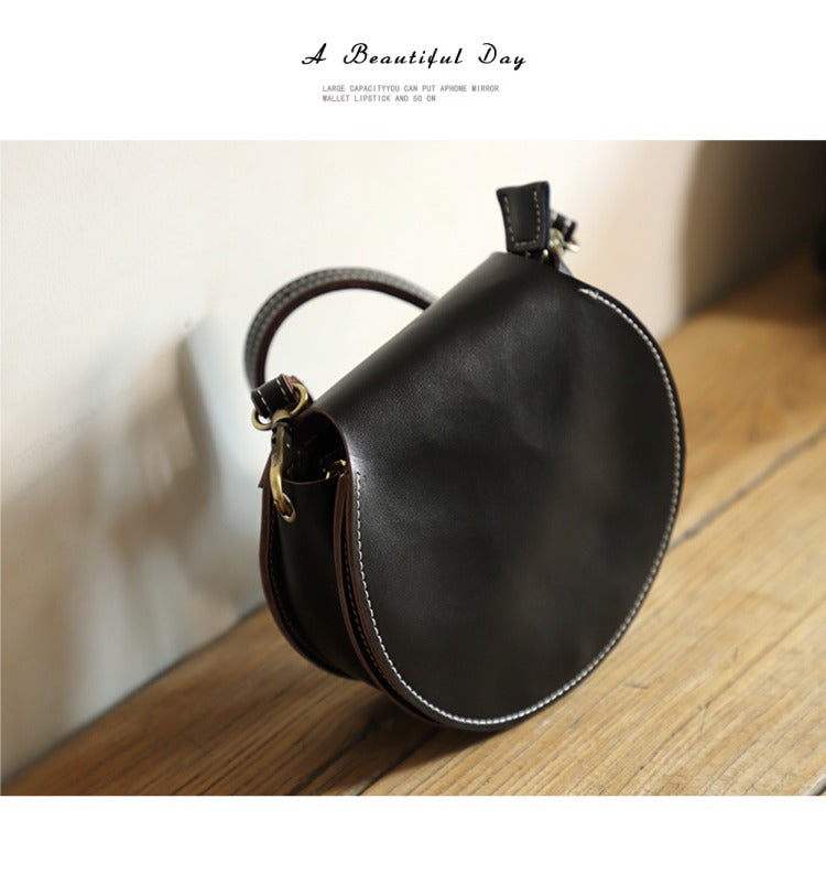 Black Handmade Women Circle Bag Leather Round Bag Cute Round Purse Rou ...