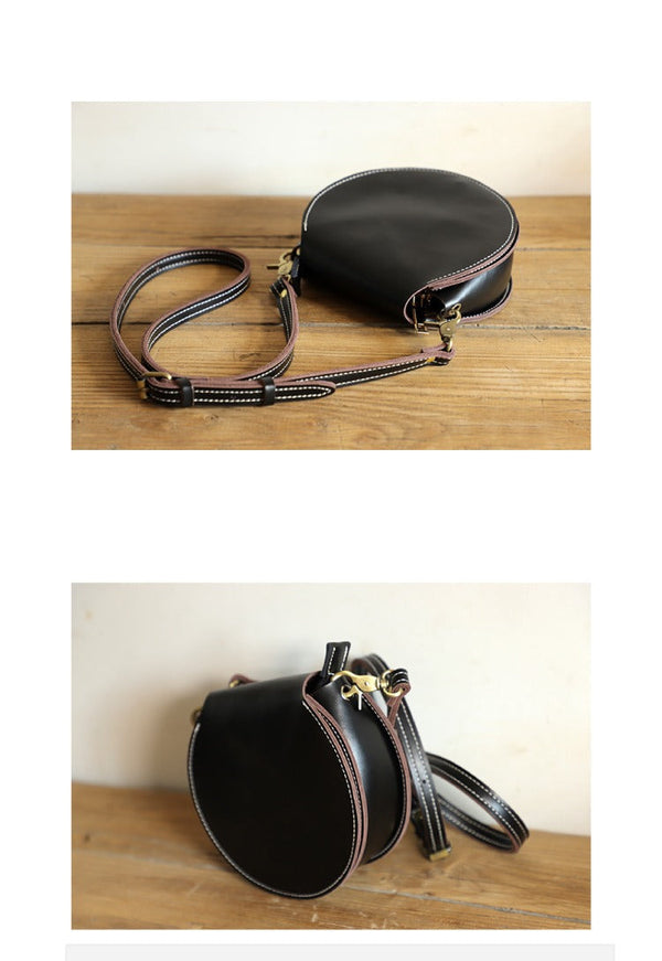 Black Handmade Women Circle Bag Leather Round Bag Cute Round Purse Rou ...