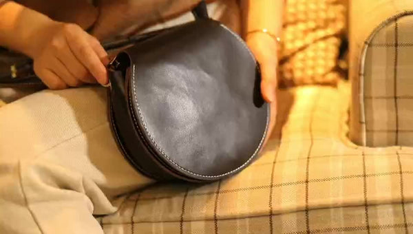 Black Handmade Women Circle Bag Leather Round Bag Cute Round Purse Rou ...