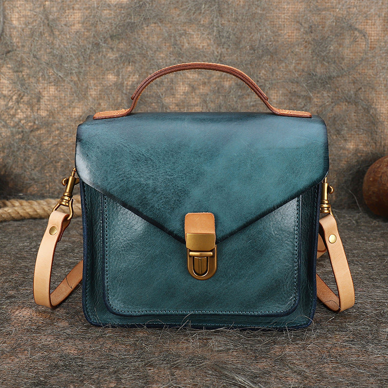 Vintage Blue Leather Womens Square Satchel Shoulder Bags School Crossb ...